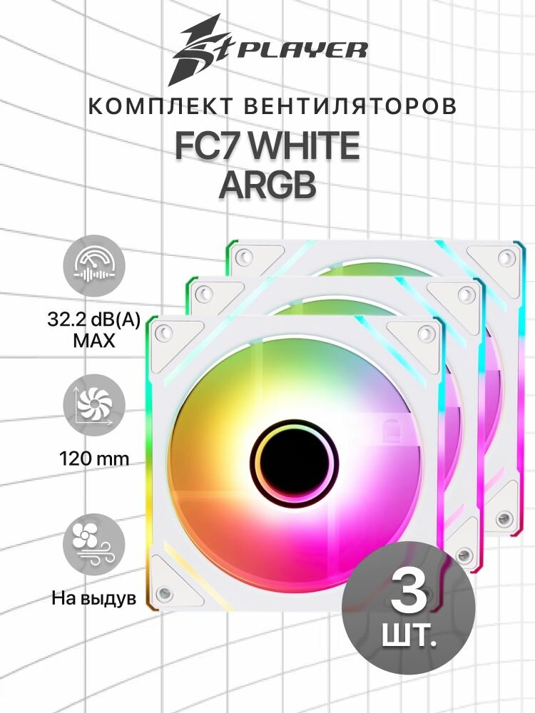 Комплект вентиляторов для корпуса 3 шт.1STPLAYER FC7 White / 120mm ARGB 3pin 5V PWM 4pin 12V 600-1800rpm 47.65cfm 32.2dBA