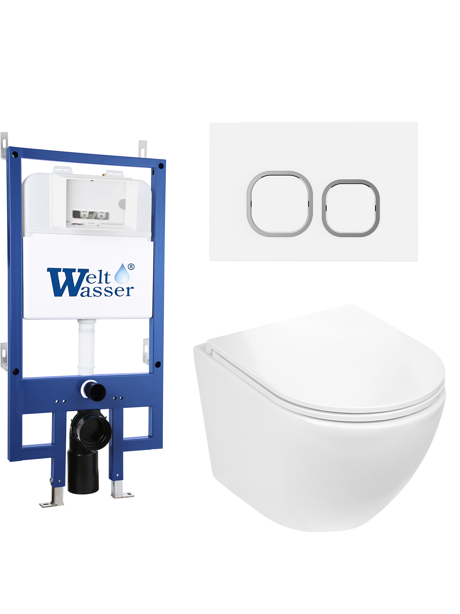 Комплект 3 в 1 Унитаз подвесной WeltWasser MERZBACH 043 GL-WT безободковый+Инсталляция BAMBERG 545 с кнопкой BAMBERG WT белая матовая