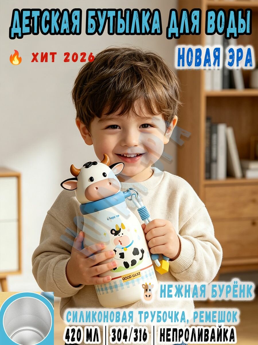 Поильник детский 420 мл Нежная бурёнка, непроливайка из нержавеющей стали 304/316, с трубочкой и носиком, ремешок