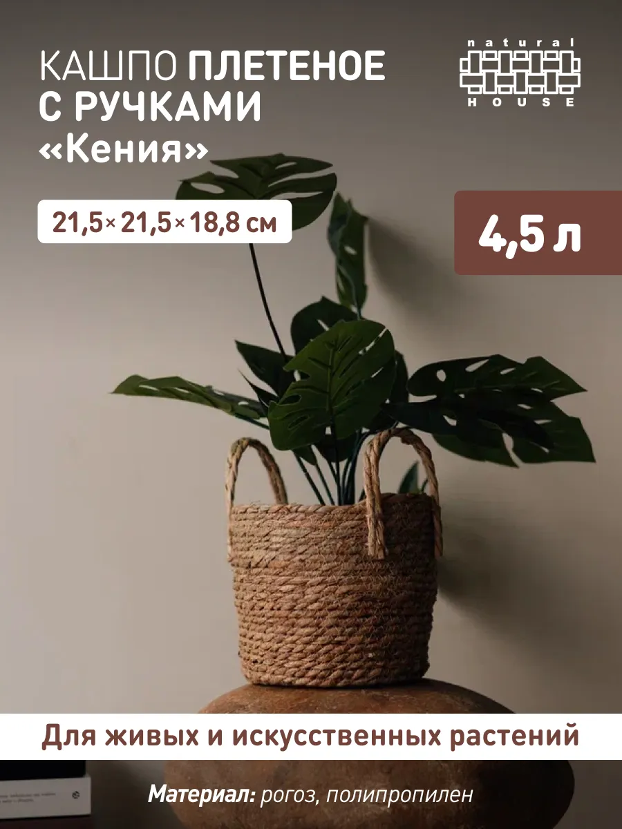 Кашпо для цветов круглое с ручками Кения Natural House, 4,5 л / Плетеное кашпо напольное / цвет: натуральный
