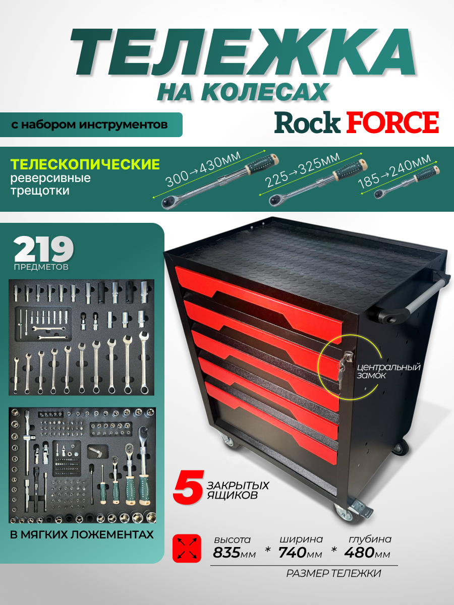 Тележка с замком и комплектом профессионального инструмента Rock Force 219 пр. с телескопическими трещотками