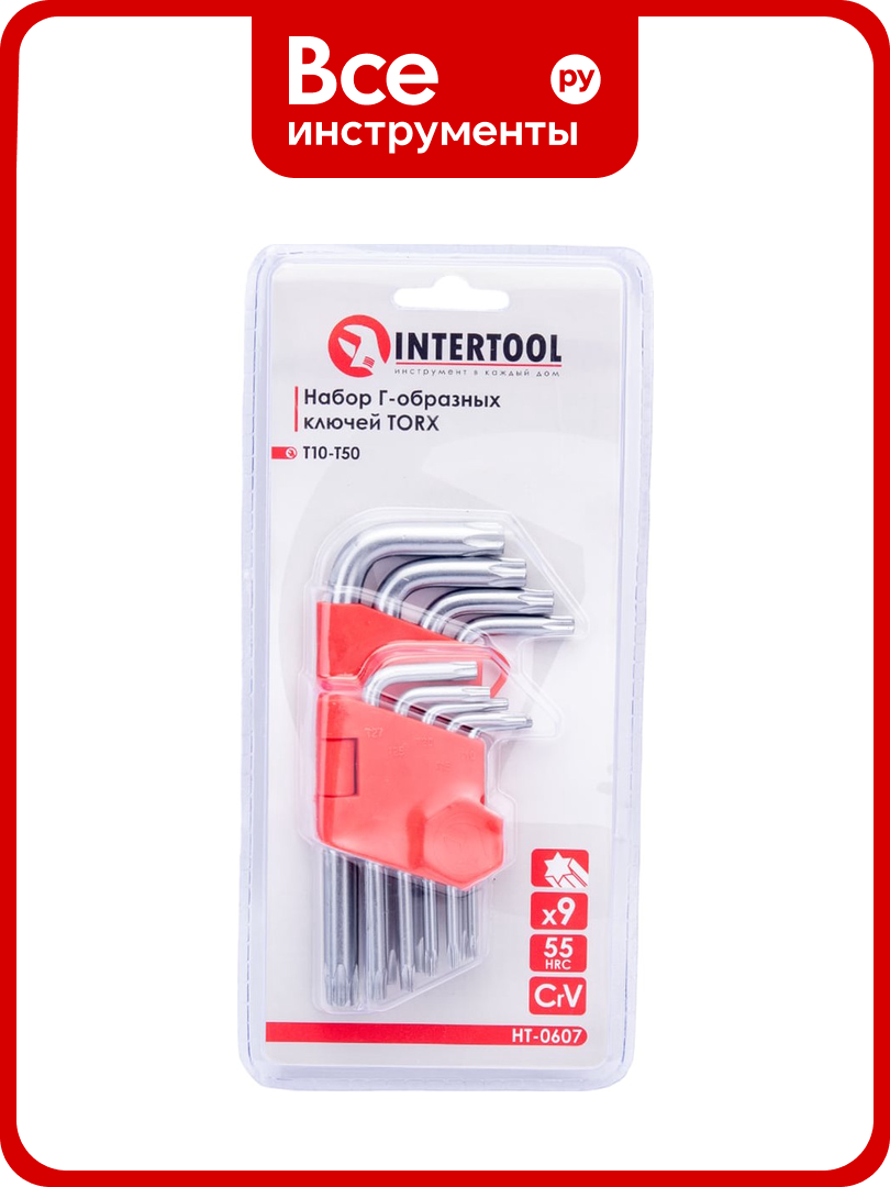 Набор Г-образных ключей INTERTOOL TORX 9шт, Cr-V, Small HT-0607 угловой профиль, покрыт матовым хромированием