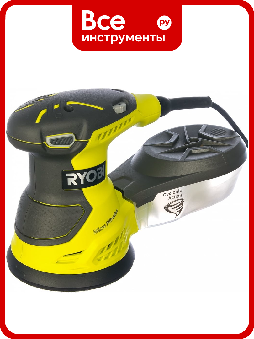 Эксцентриковая шлифмашина Ryobi ROS310-SA20, 310 Вт, с плавным пуском, подключением к пылесосу и регулировкой оборотов,