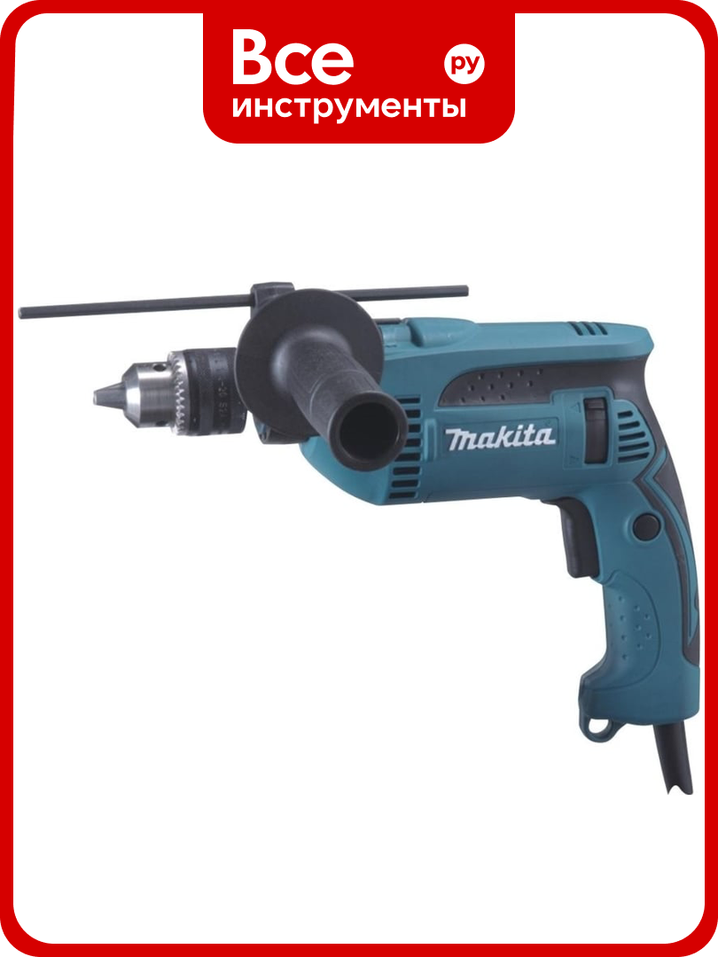 Ударная дрель Makita HP1640K с реверсивным ходом, функцией удара и ключевым патроном для профессионального использования