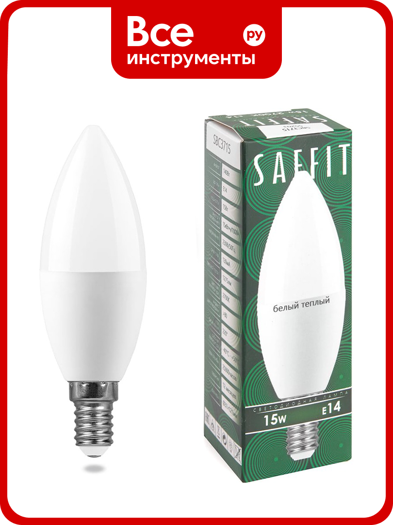 Светодиодная лампа SAFFIT SBC3715 свеча E14, тёплый белый свет, освещение, матированная поверхность, класс