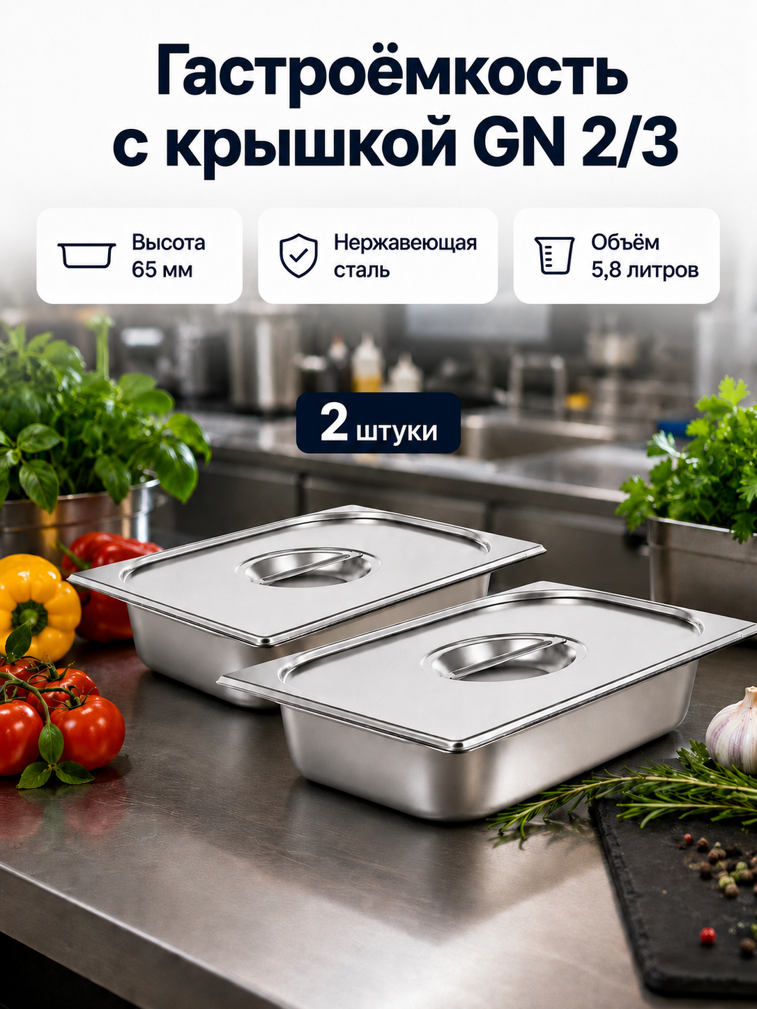 Гастроемкость GN 2/3-65 мм с крышкой, набор 2 шт, нержавеющая сталь