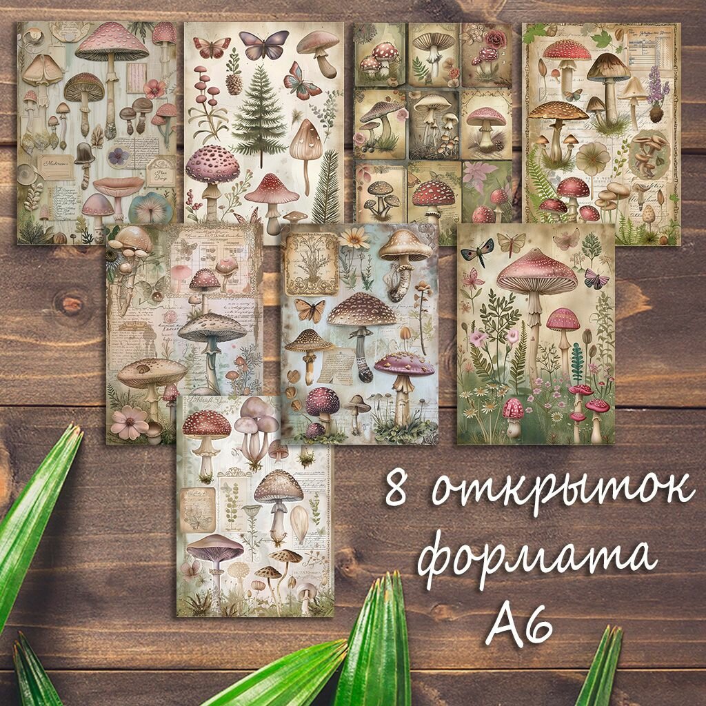 Большой набор открыток Винтаж, грибы, 8 штук