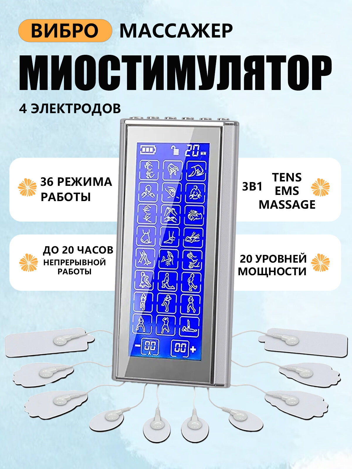 Миостимулятор 3в1 Импульсный 36 программ, антицеллюлитный вибромассажер для тела, шеи, плеч, спины, ног, живота, электрический тренажер для похудения