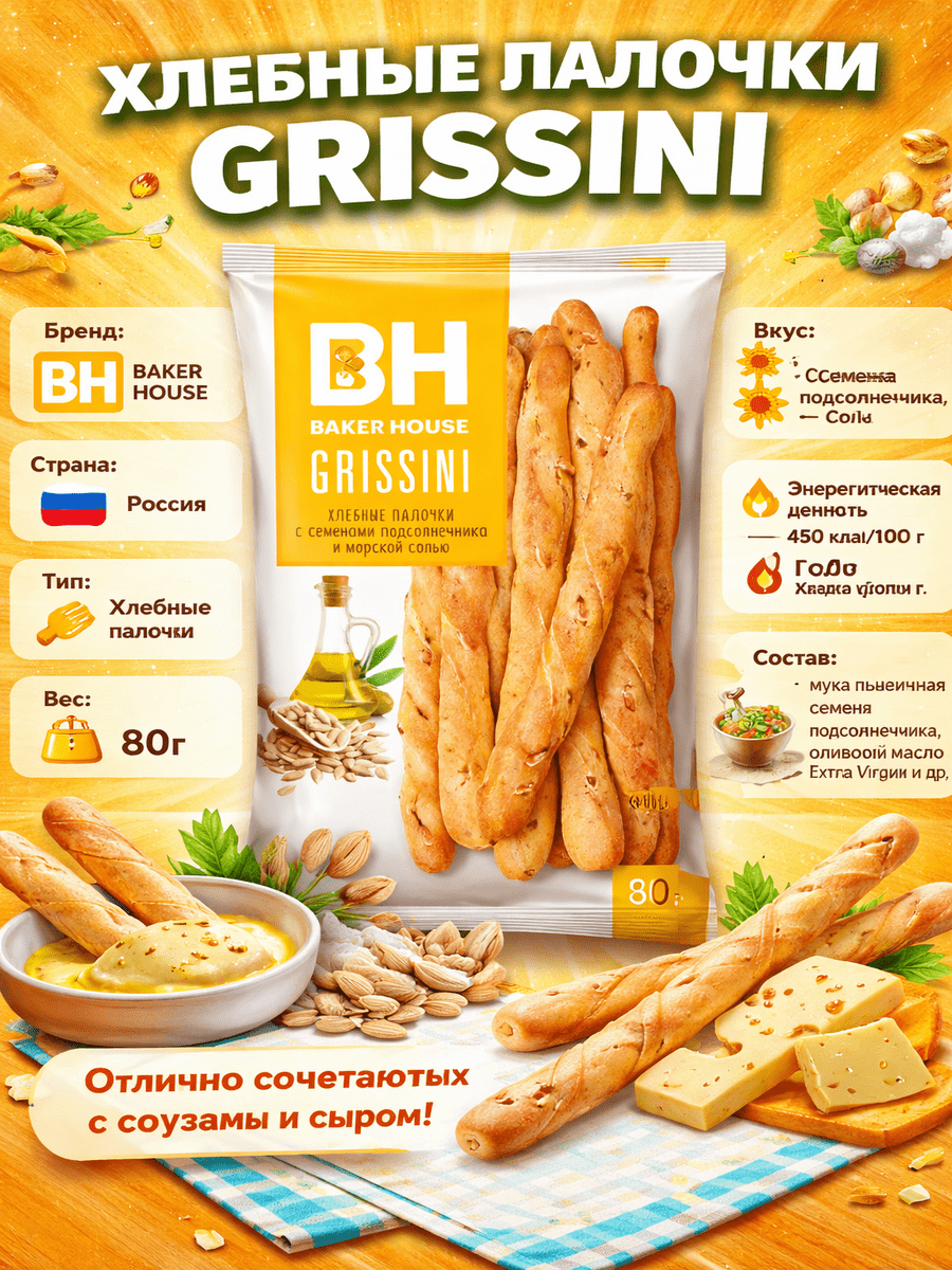 Хлебные палочки Baker House Grissini с семенами подсолнечника и морской солью, 80г