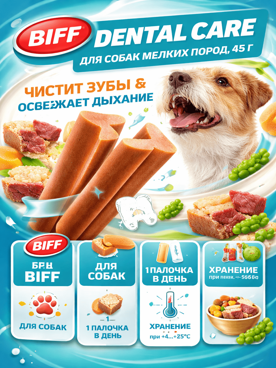 Жевательный снек Biff Dental Care с говядиной для собак мелких пород, 45г