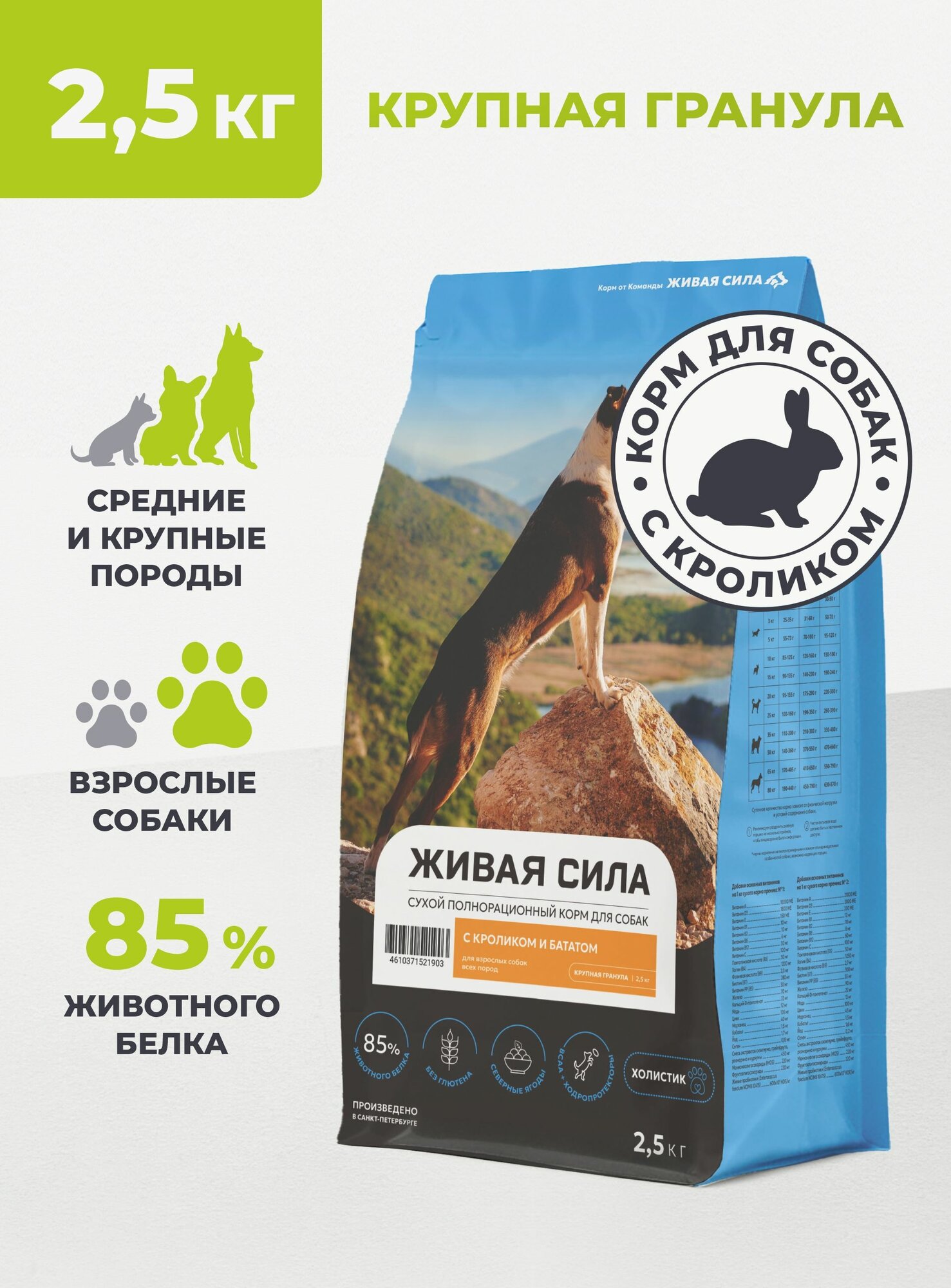 Корм для собак сухой живая сила с кроликом и бататом крупная гранула (2,5 кг) холистик