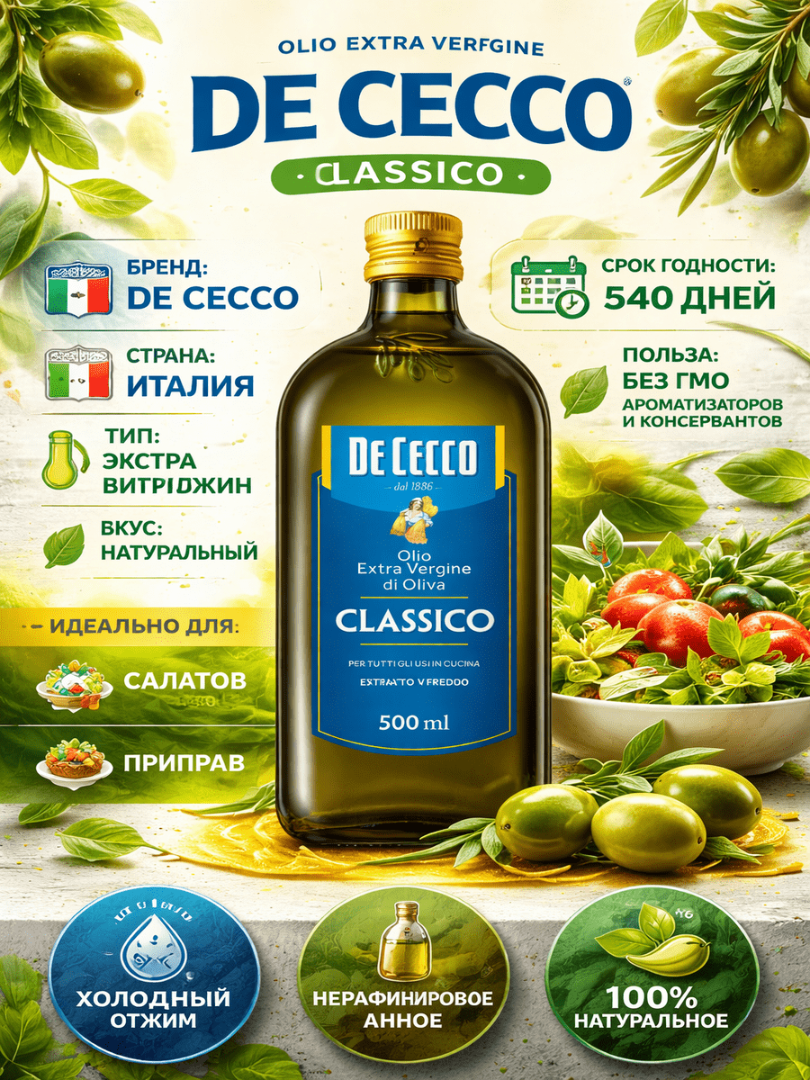 Масло оливковое De Cecco Classico Extra Virgin, 500мл