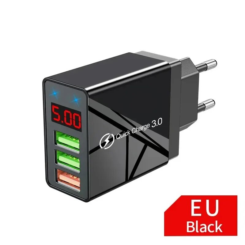 3-портовый USB-адаптер Для Быстрой Зарядки С LED-дисплеем Для Samsung S24, Черный, Black EU Plug