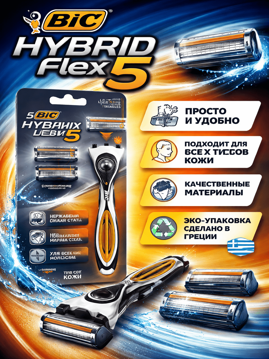 Бритва мужская BIC Flex 5 Hybrid 5 лезвий плавающая головка, 1 ручка и 2 сменные кассеты