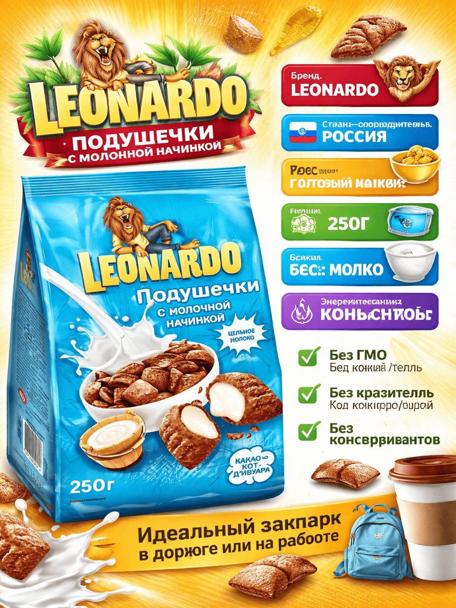 Готовый завтрак Leonardo Подушечки с молочной начинкой, 250г