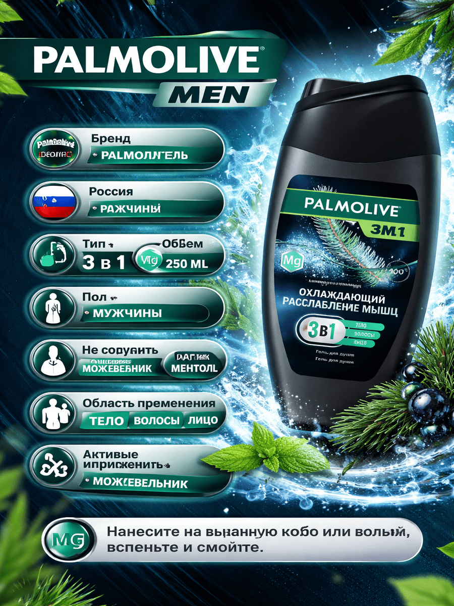 Гель для душа Palmolive Men Расслабление мышц 3в1, 250мл