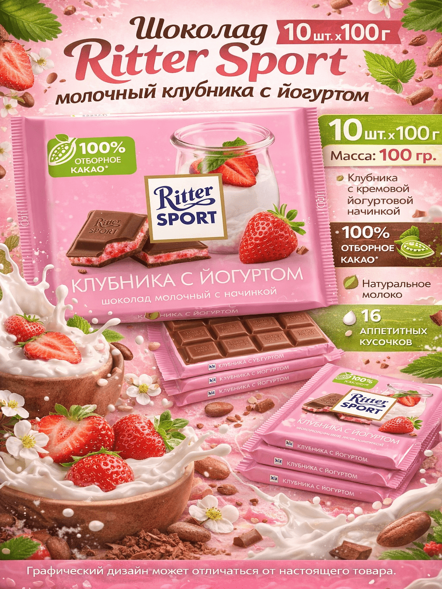 Шоколад Ritter Sport молочный клубника с йогуртом, 100г x 10 упаковки