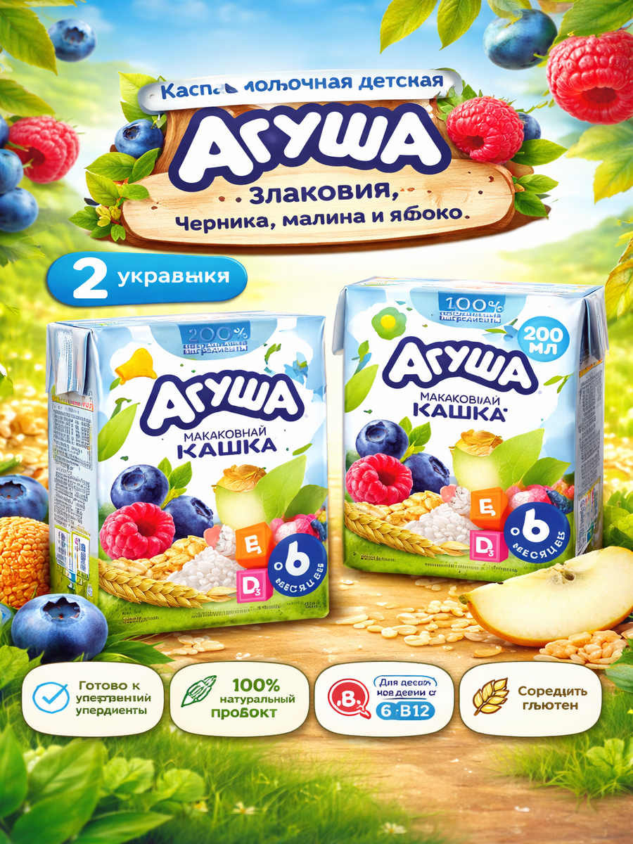 Каша молочная детская Агуша Злаковая Черника, малина и яблоко 2.7% с 6 месяцев, 200мл x 2 упаковки