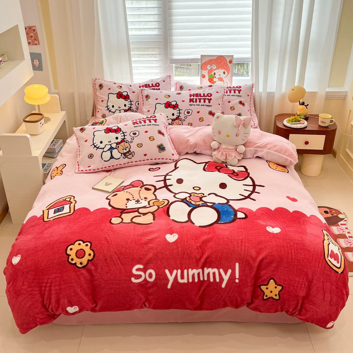 Комплект из четырех предметов из молочного вельвета с мультяшным принтом Hello Kitty, милый детский комплект из