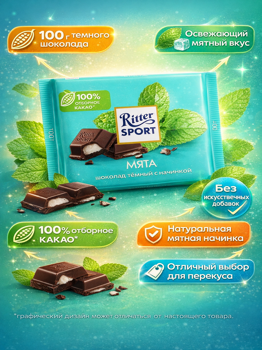 RITTER SPORT Темный шоколад с мятой, 100 г