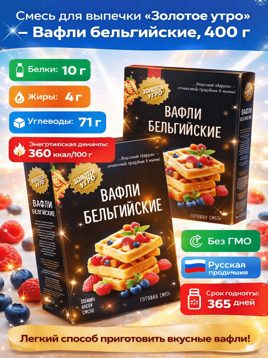 Смесь для выпечки «Золотое утро» — Вафли бельгийские, 400 г x 2 упаковки