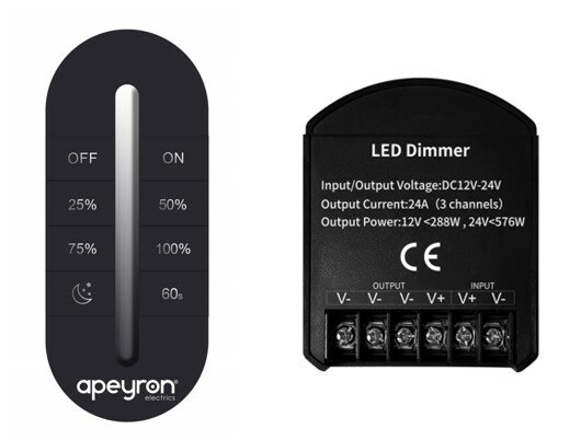 Контроллер Apeyron 04-103 для светодиодной ленты RGB 12В/24В, 288вт/576Вт, 3 канала, 24А, IP20, ПДУ