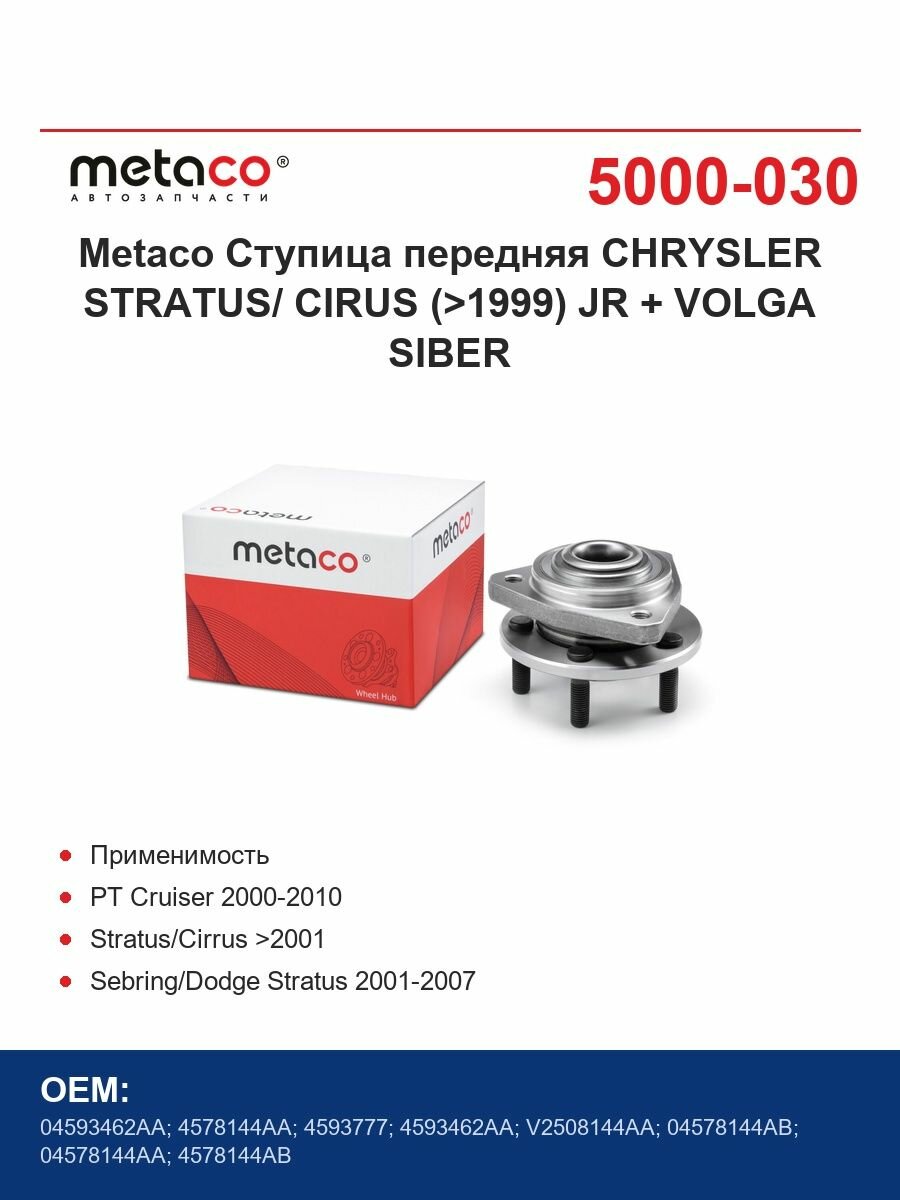 Metaco Ступица передняя CHRYSLER STRATUS/ CIRUS (>1999) JR + VOLGA SIBER