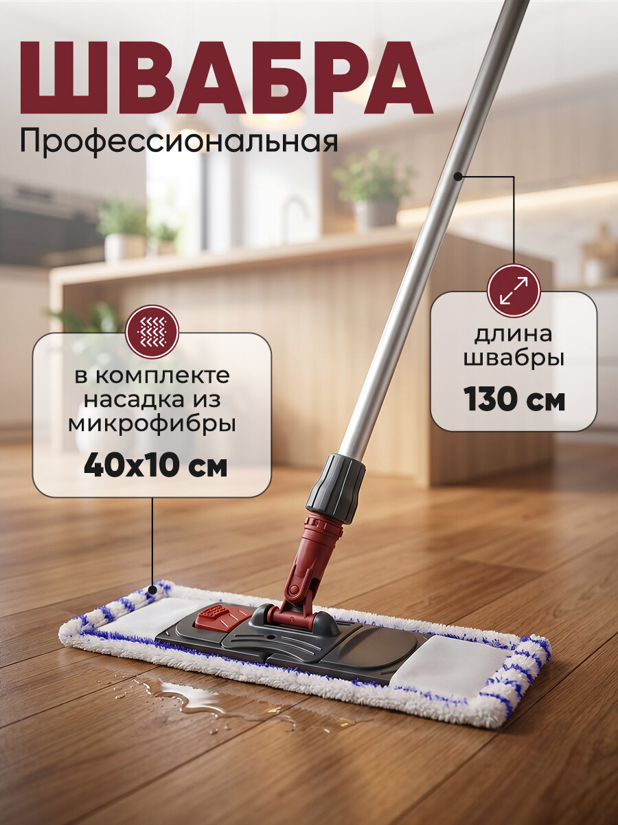 Швабра для мытья полов профессиональная без ведра с микрофиброй 40 см