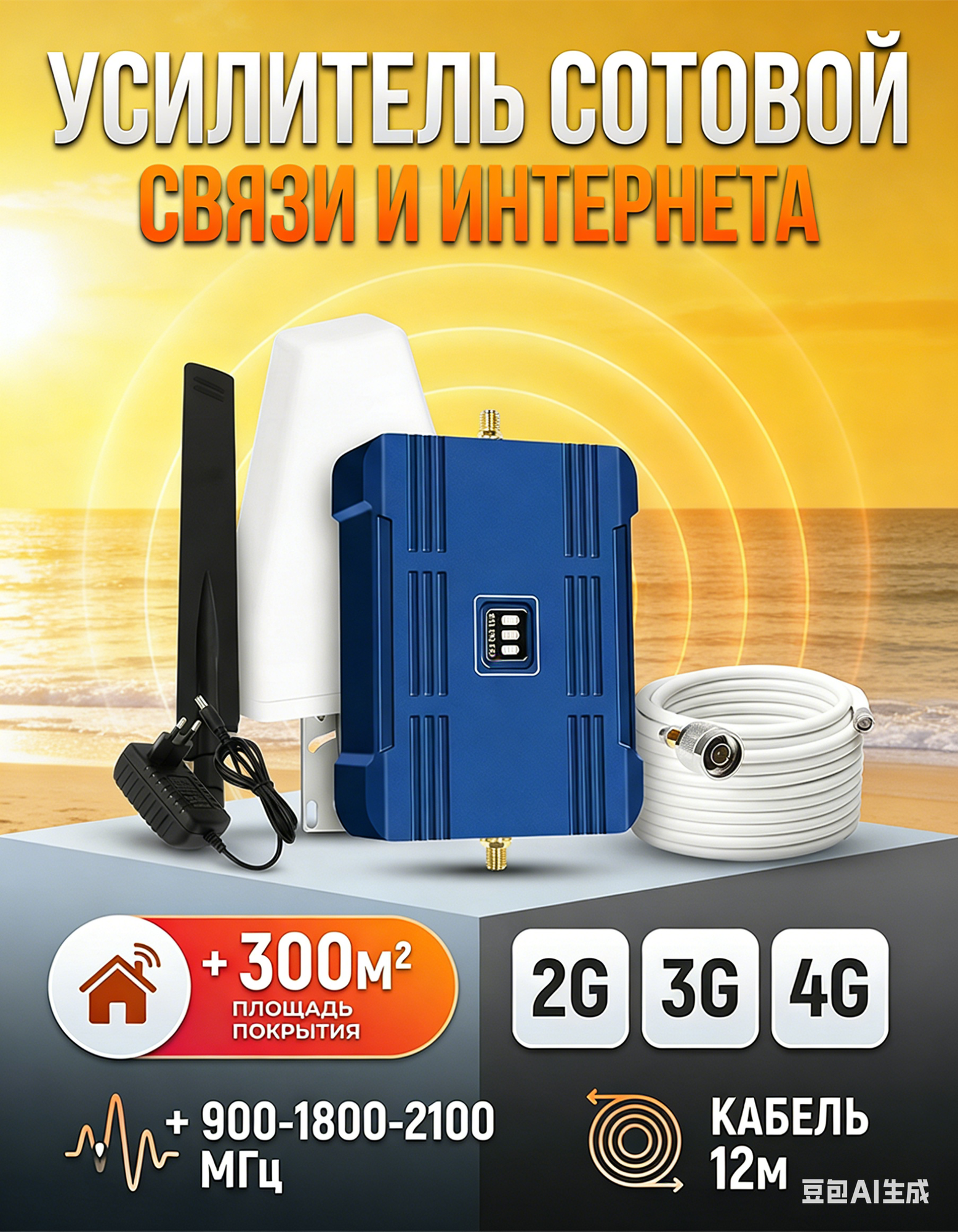 Усилитель сотовой связи 900/1800/2100 МГц (2G/3G/4G): до 70 км, направленный, синий, 1.3 кг
