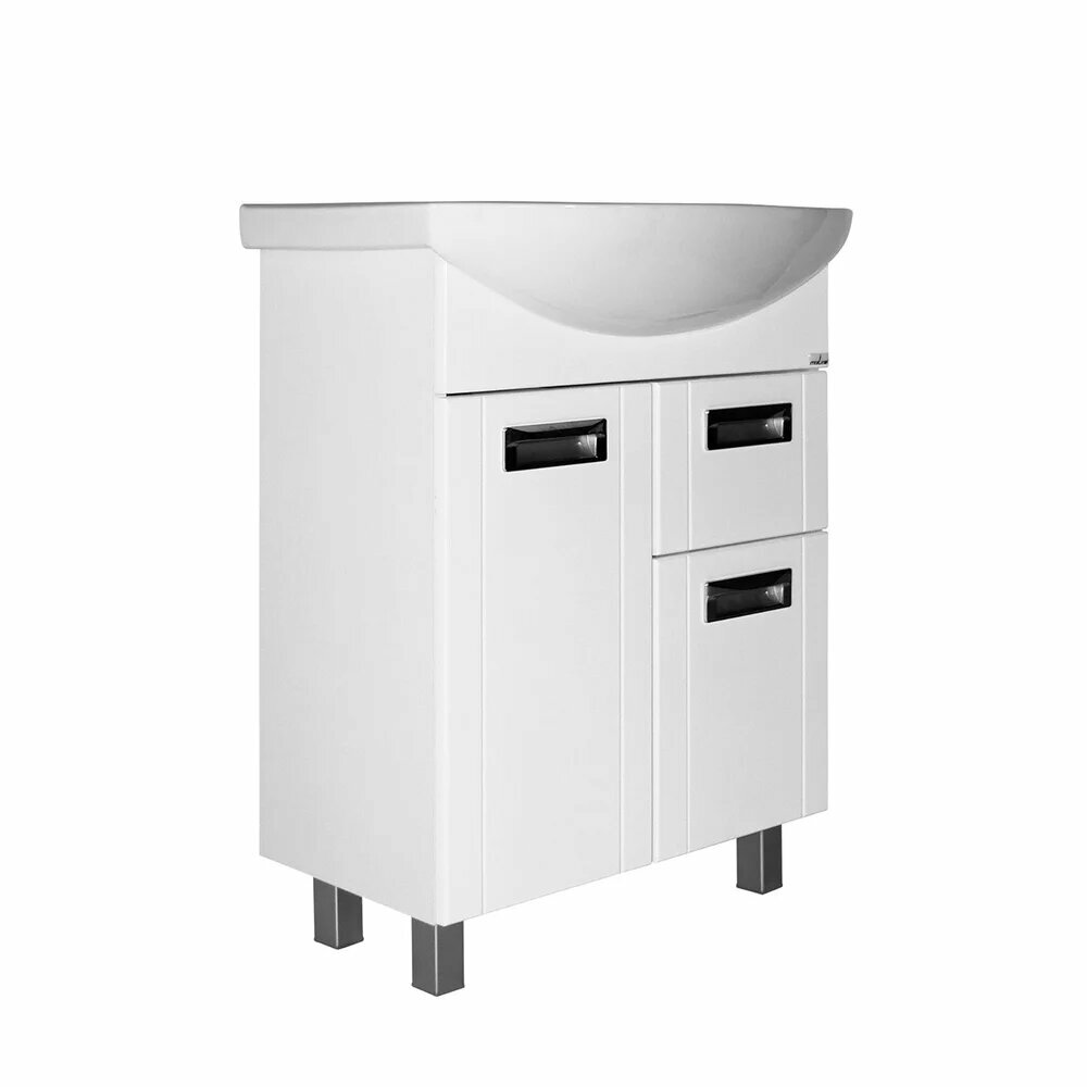 Тумба с раковиной Mixline Альфа 65 напольная, 65 см, белая, глянцевая, из МДФ, с ящиками, с дверками, раковина для ванной, фарфоровая, встроенный слив-перелив