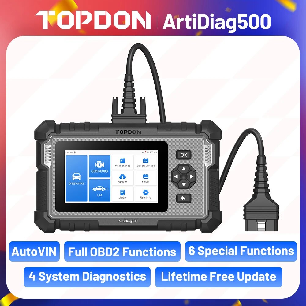 Диагностическое устройство для автомобилей Topdon ArtiDiag500. Сканер OBD2 для всех систем. Сканер двигателя, ABS, SRS, трансмиссии. Считыватель кодов.