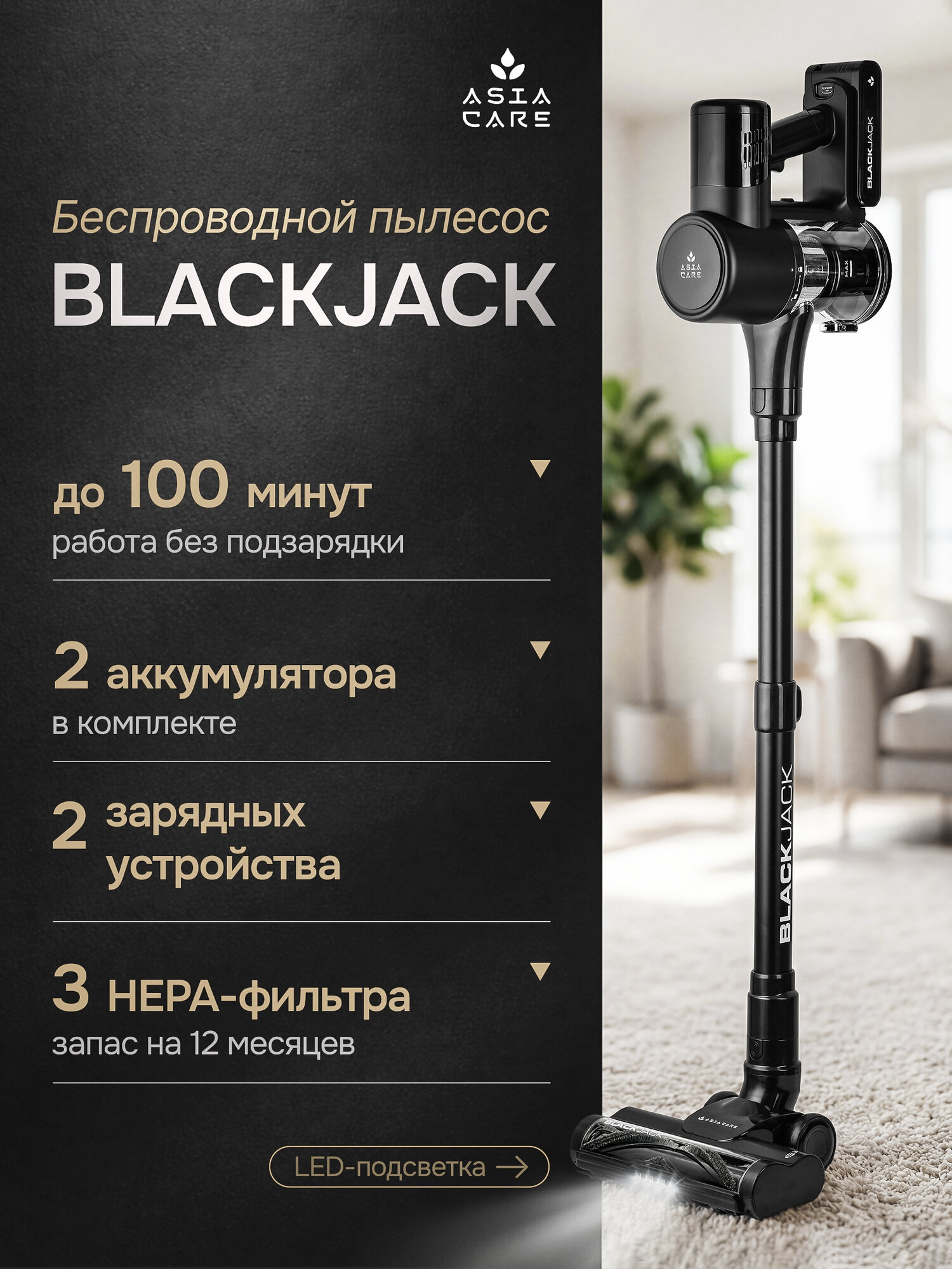 Пылесос вертикальный беспроводной AsiaCare BlackJack