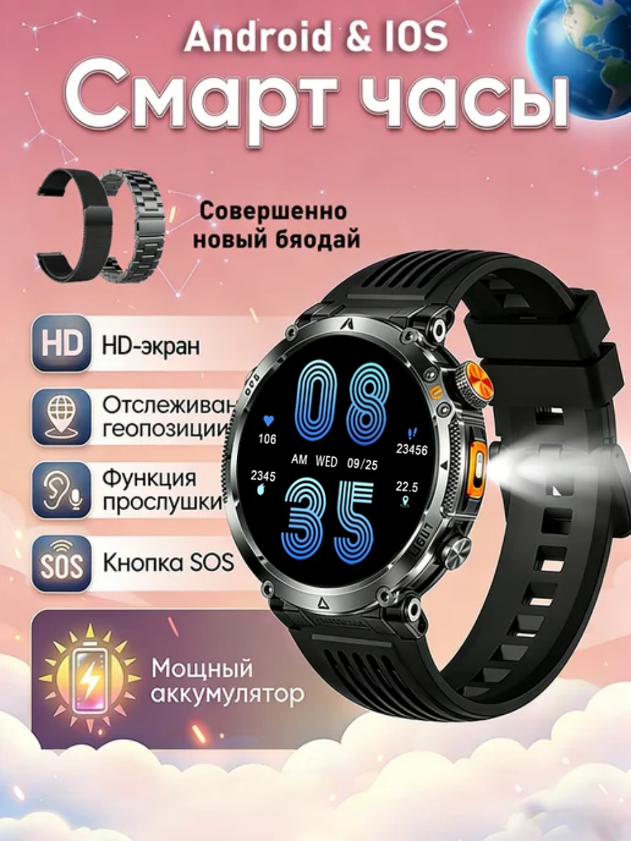 Смарт часы Galaxy HT42 военный класс круглые мужские часы встроенный GPS спорт на открытом воздухе c фонарик