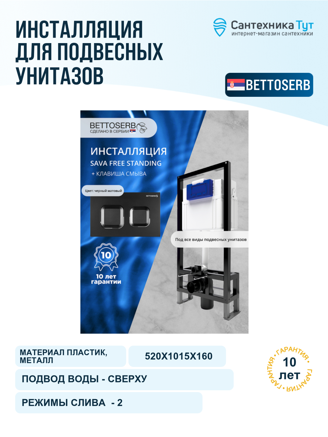 Инсталляция Bettoserb Sava Free Standing SFS40006471 для унитаза с Черной матовой клавишей смыва