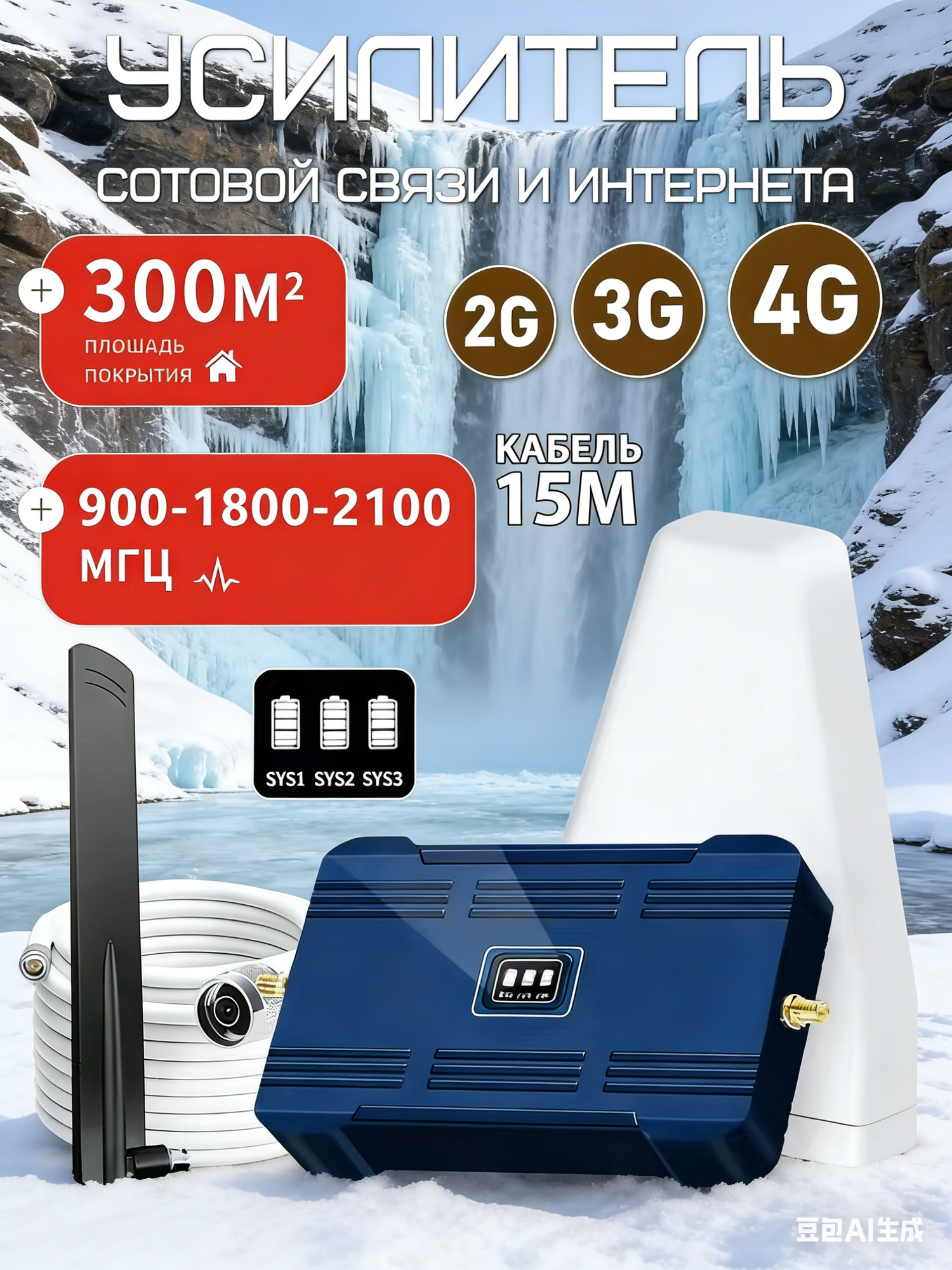 Усилитель сотовой связи 900/1800/2100 МГц (2G/3G/4G): до 70 км, направленный, синий, 1.3 кг