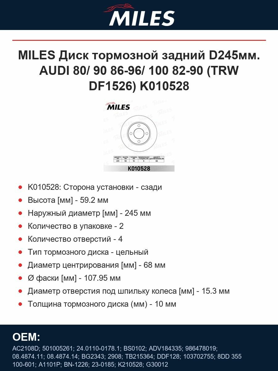 MILES Диск тормозной задний D245мм. AUDI 80/ 90 86-96/ 100 82-90 (TRW DF1526) K010528