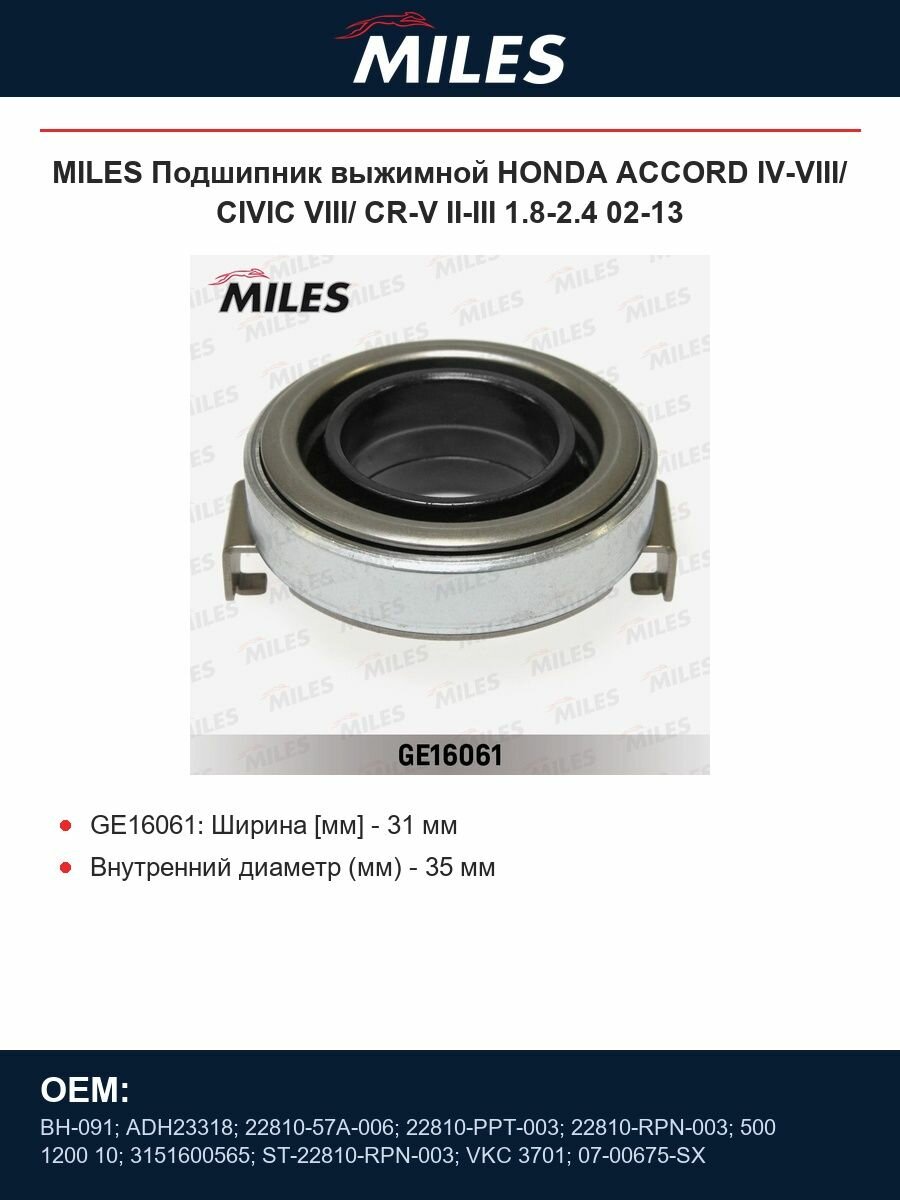 MILES Подшипник выжимной HONDA ACCORD IV-VIII/ CIVIC VIII/ CR-V II-III 1.8-2.4 02-13
