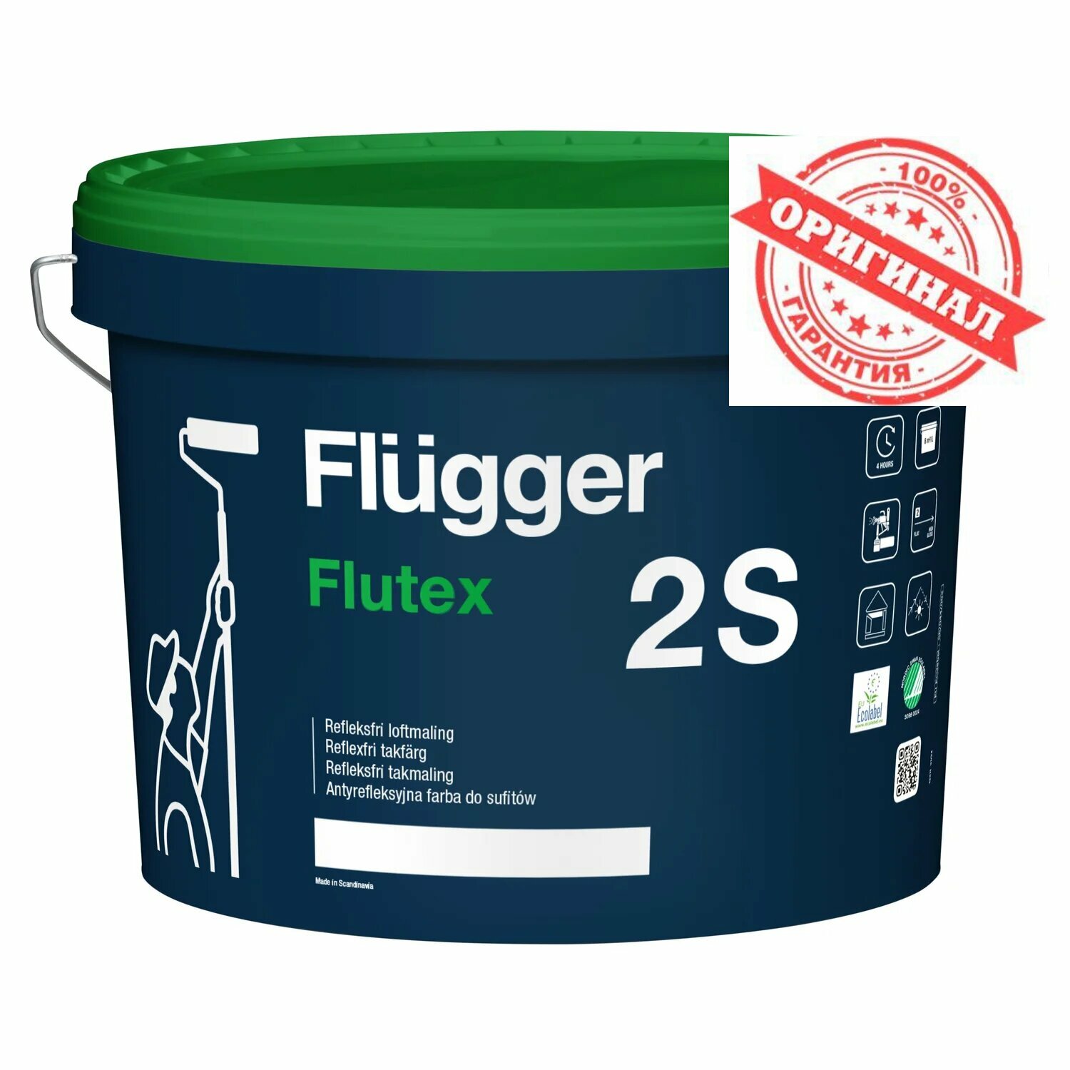 Краска Flugger Flutex 2S, белая, матовая, для потолка, Германия 10Л
