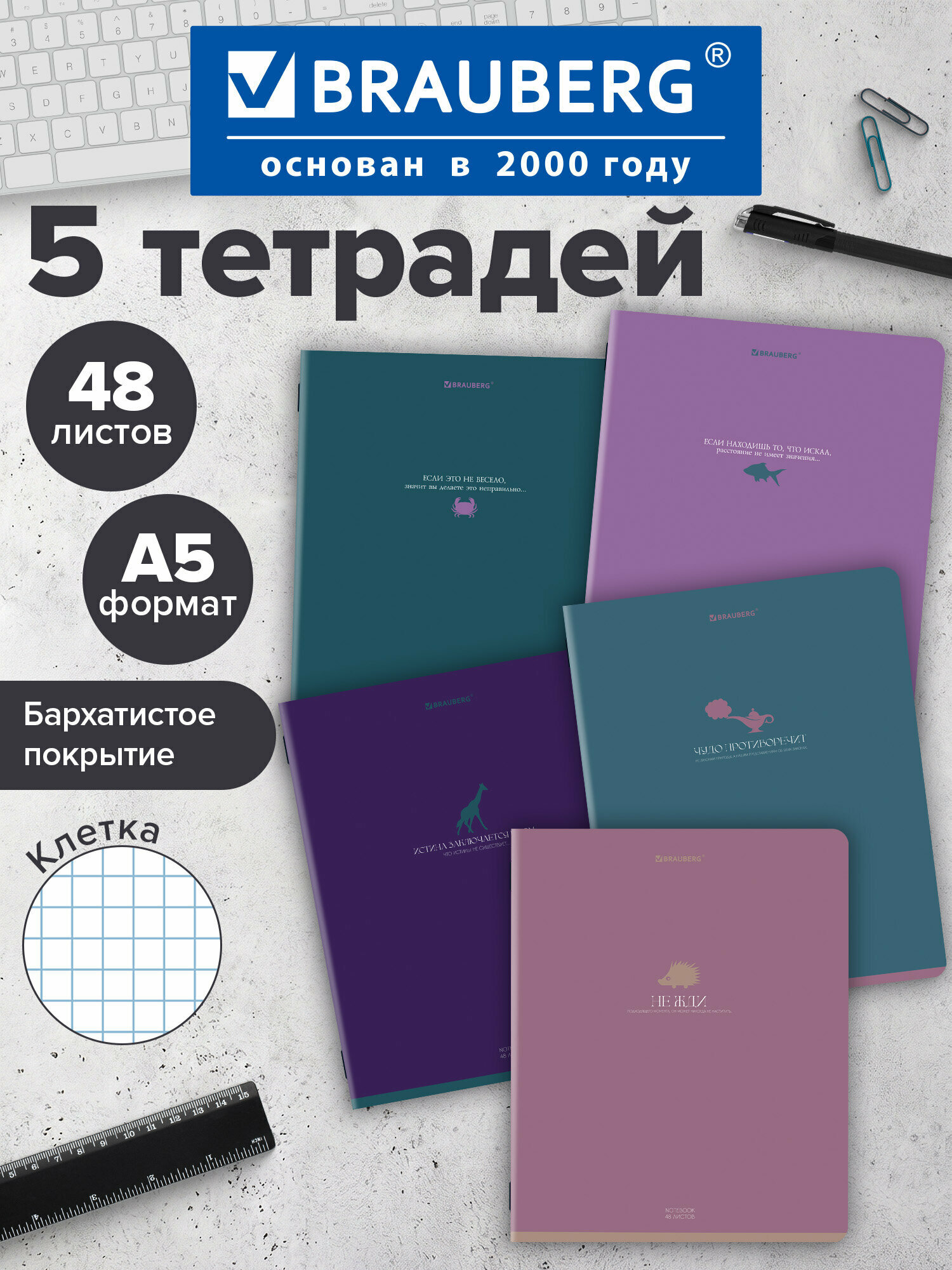 Тетрадь А5 в клетку 48 листов для записей в школу и офис, набор 5 штук, обложка soft-touch, скоба, Brauberg Monocolor, 404912