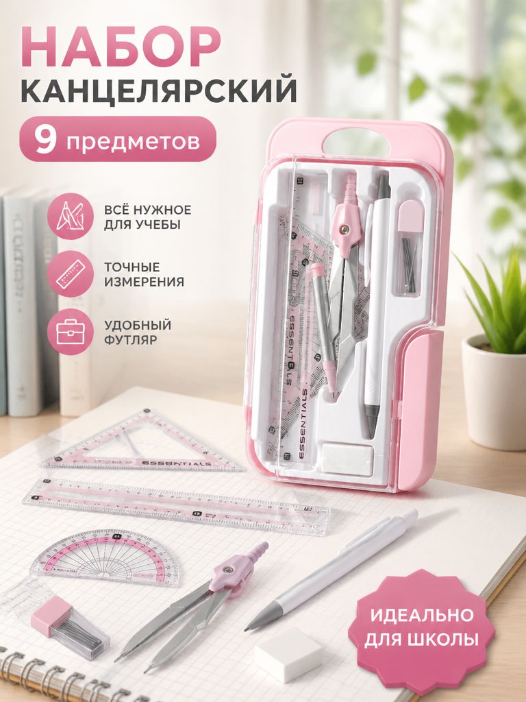 Набор чертежных инструментов из 9 предметов, подходит для учащихся начальной и средней школы
