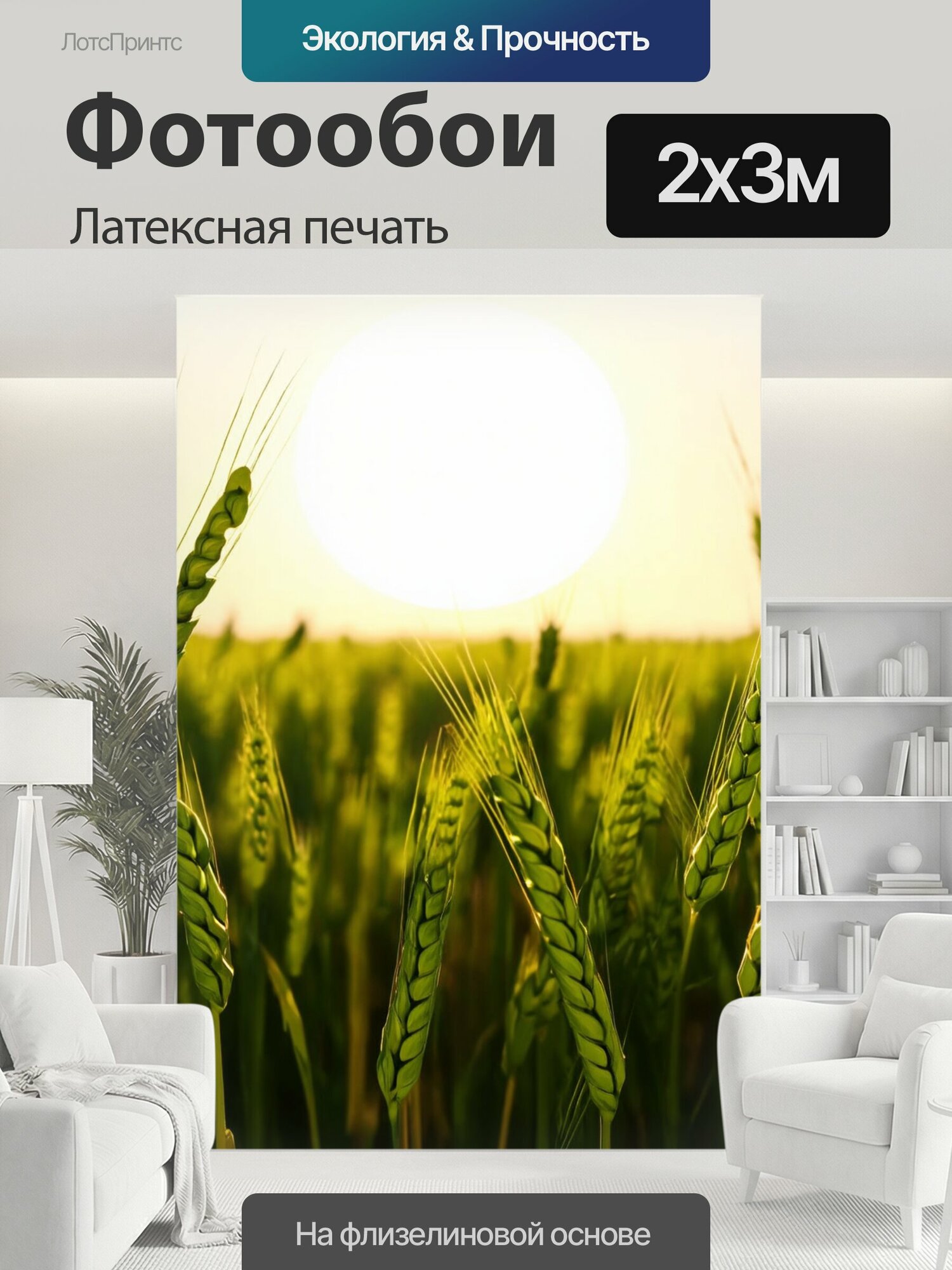 Фотообои моющиеся ударопрочные "Поле зеленой пшеницы, плавно переходящее в стильное солнечное затмение, создающее необычные тени и световые." 200x300 см. латексная печать