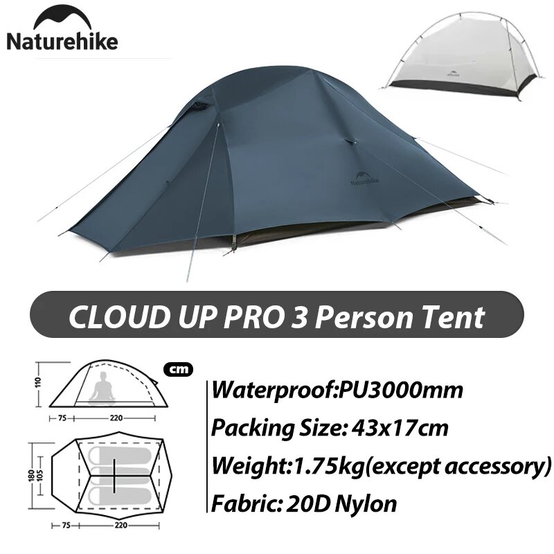 Naturehike 2025 Новый туристический палатка для 3 человек 20D Cloud Up Pro легкая портативная водонепроницаемая для походов и кемпинга-Pro-3P синий