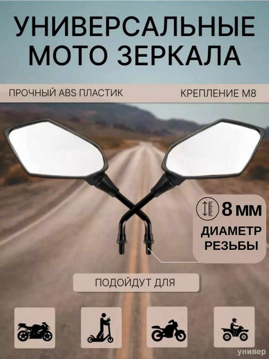Зеркало заднего вида M8 для мотоцикла, скутера и велосипеда — правая резьба, черный корпус, надежное крепление