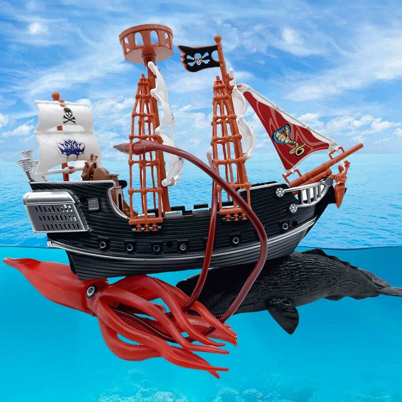 Гигантский кальмар и кашалот и пиратский корабль морское животное игрушка набор