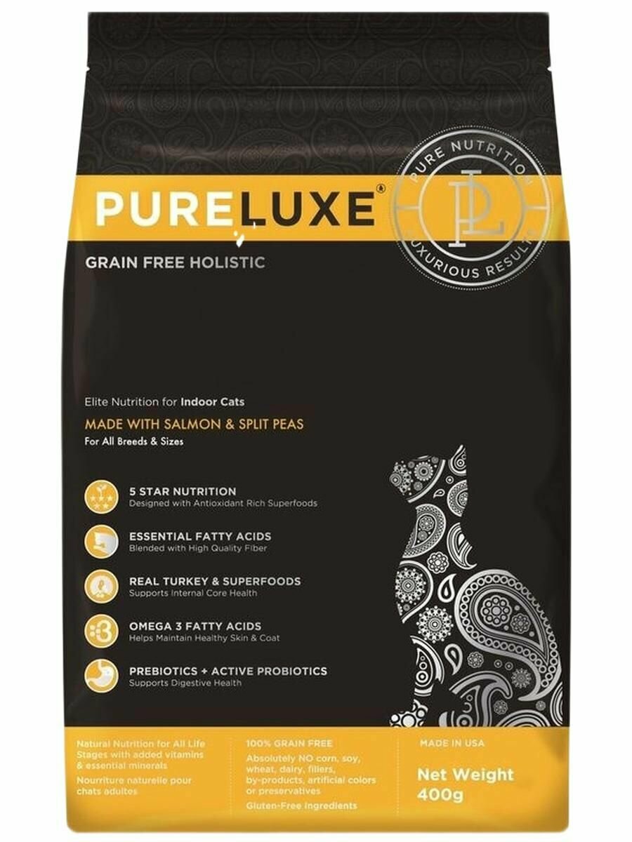 Сухой беззерновой корм PureLuxe Пурлюкс для домашних кошек с лососем и горошком, 400г