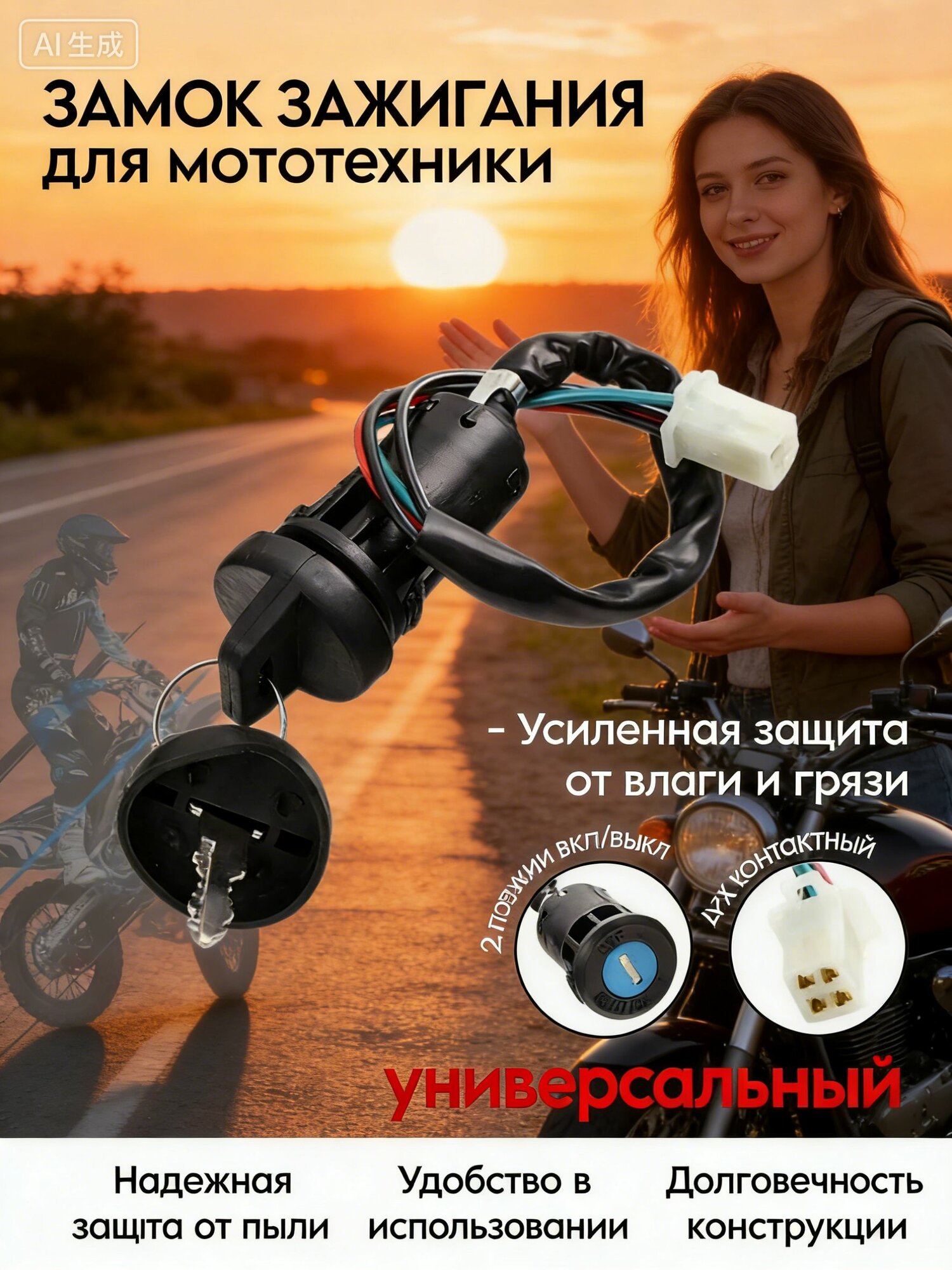 Замок зажигания мотоцикла 3 положения — выкл/вкл/вкл со светом, для питбайка и эндуро, с влагозащитным колпачком