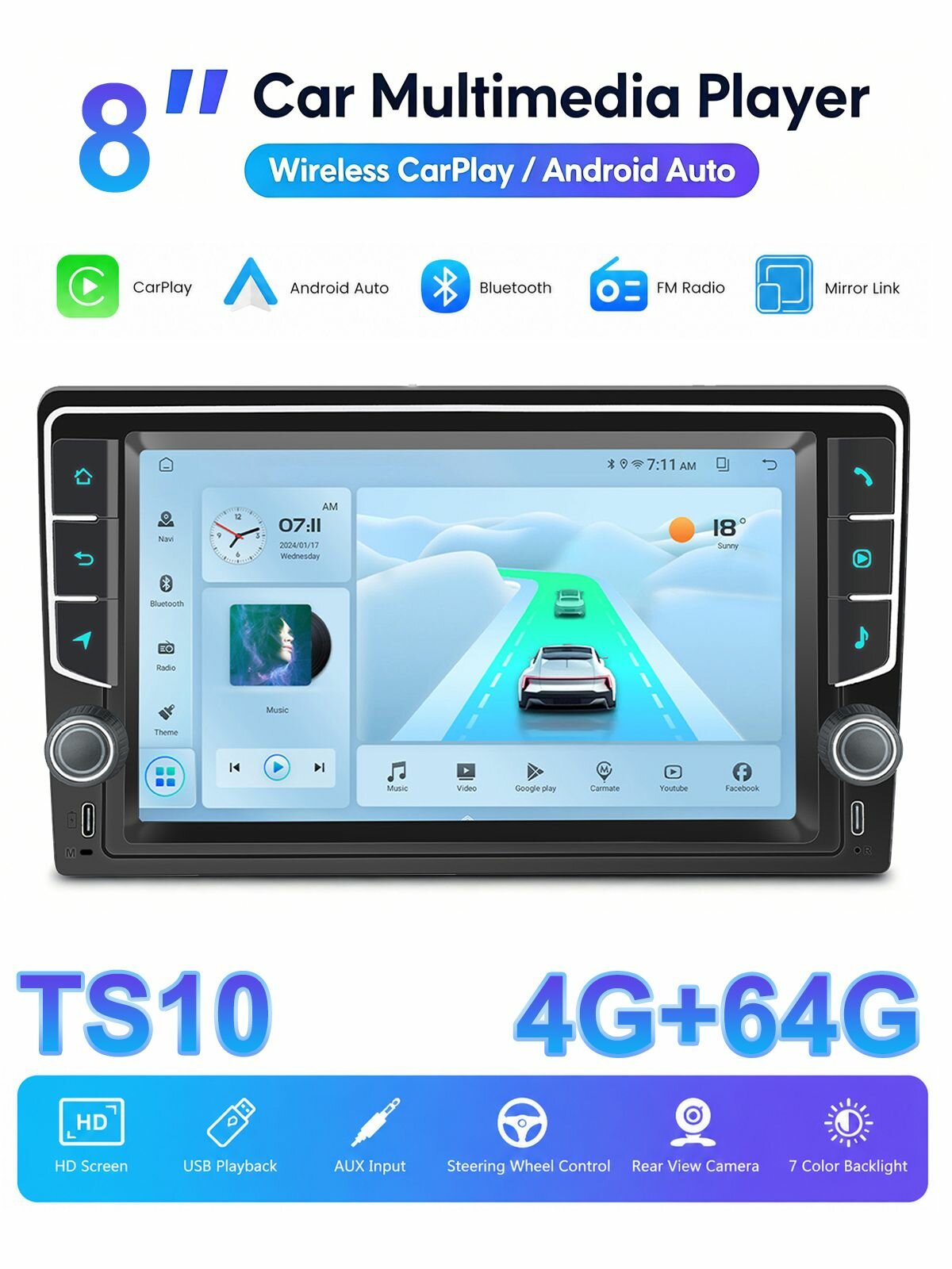 4G 8core 4+64G Автомобильный процессор QLED Android 9-цифровой DSP -навигация Carplay/Android auto BT FM AM RDS WIFI-плеер, Gift Интеллектуальное Охлаждение, TS10