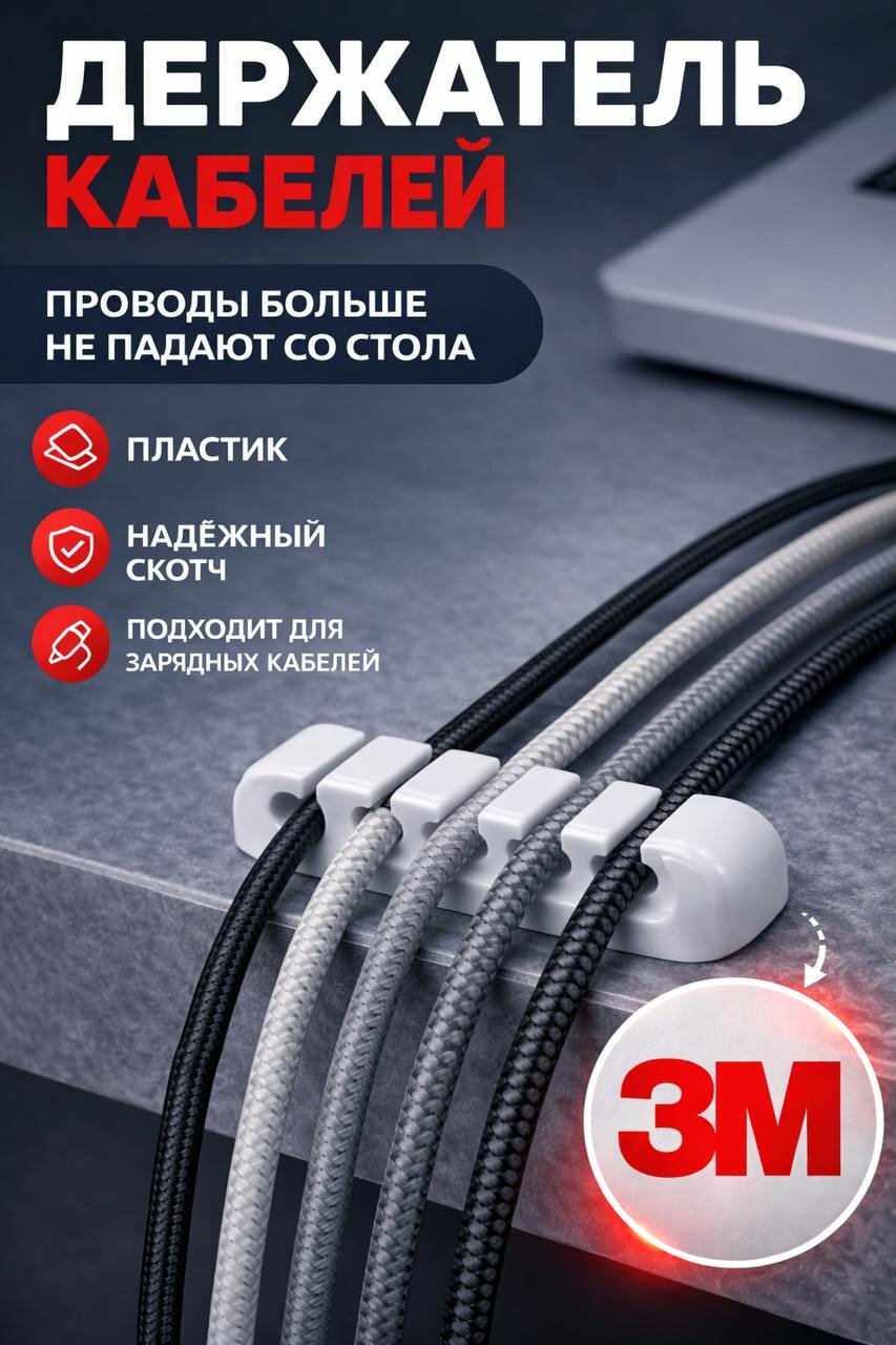 Органайзер держатель для проводов на стол 5 слотов, держатель кабелей USB и зарядок, кабель-менеджер с клейкой основой 3M, фиксатор проводов для дома, офиса и автомобиля