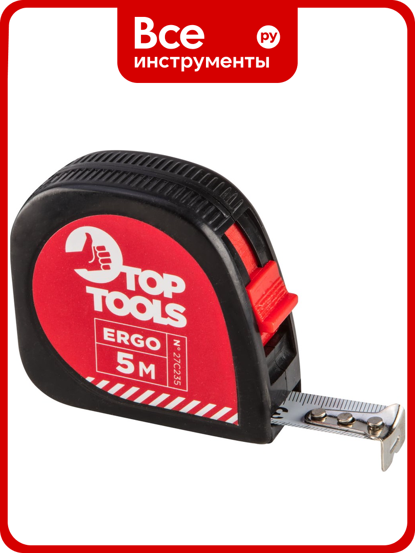 Рулетка Top Tools стальная лента 5 м x 16 мм 27C235, проведения с клипсой для ремня, пластиковым корпусом и белой лентой