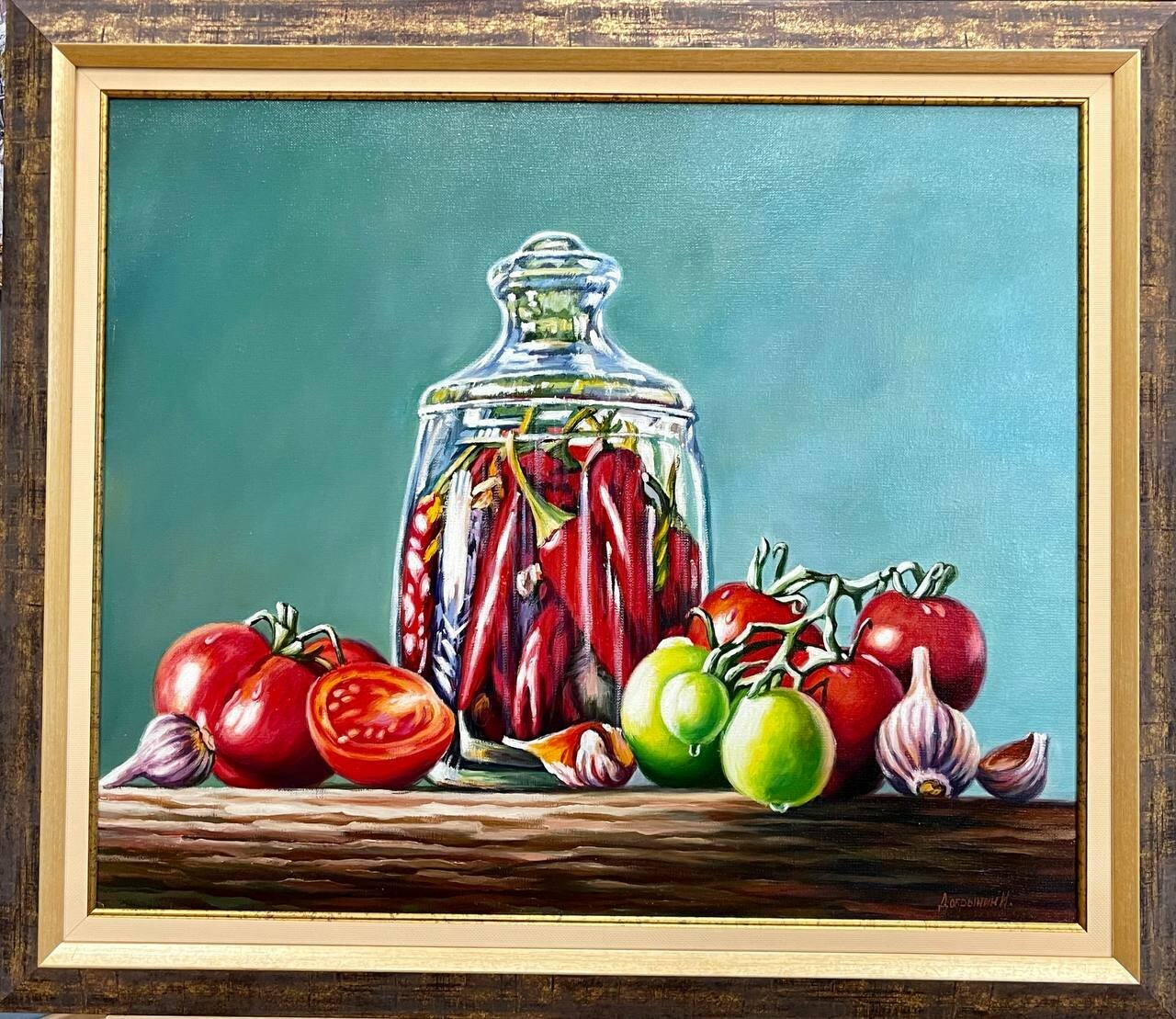Картина маслом, натюрморт "Натюрморт с перцами в банке". Холст/Масло, 2022. Размер 50х60. Автор Добрынин И. Н.